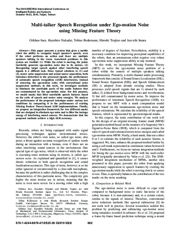 (PDF) Multi-talker speech recognition under ego-motion noise using Missing Feature Theory