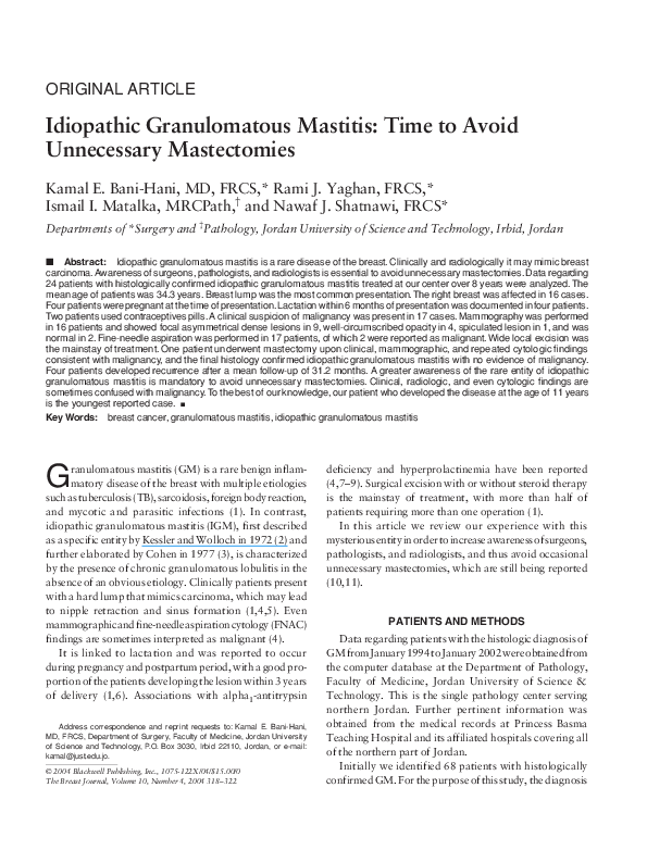 (PDF) Idiopathic Granulomatous Mastitis: Time to Avoid Unnecessary Mastectomies