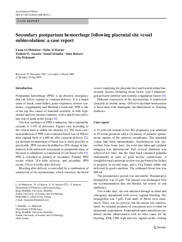 (PDF) Secondary postpartum hemorrhage following placental site vessel ...