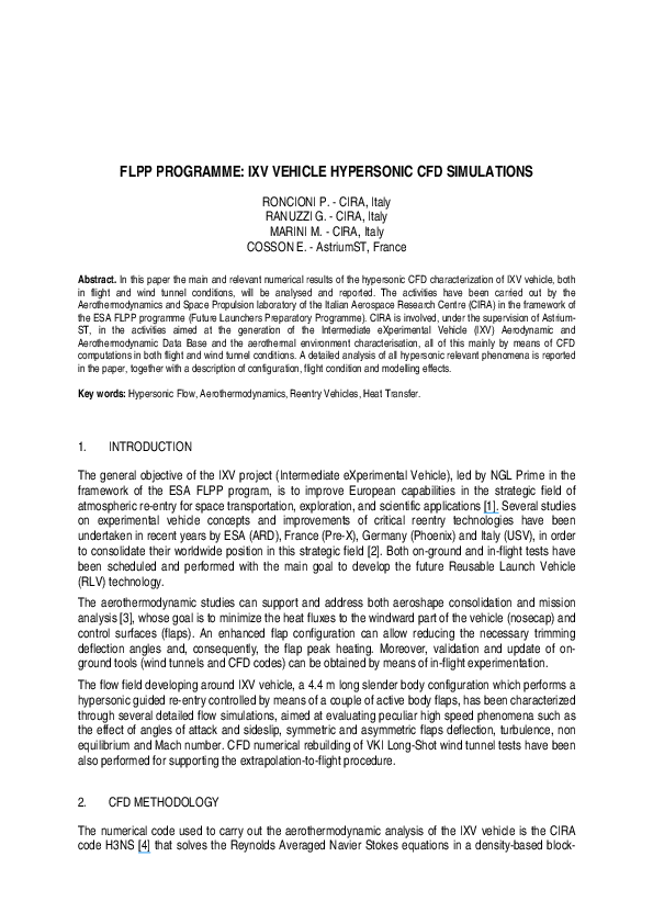 (PDF) FLPP Programme: Ixv Vehicle Hypersonic CFD Simulations | Marco A ...