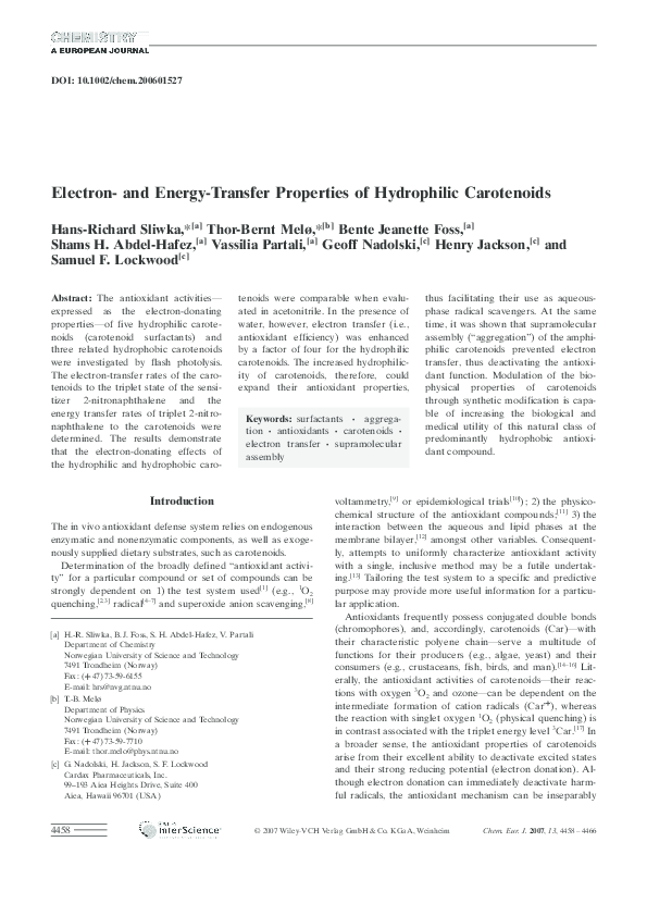 (PDF) Electron- and Energy-Transfer Properties of Hydrophilic Carotenoids