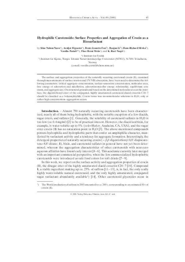 (PDF) Hydrophilic carotenoids: surface properties and aggregation behavior of a highly ...