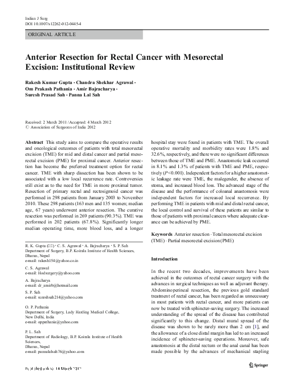 (PDF) Anterior Resection for Rectal Cancer with Mesorectal Excision: Institutional Review