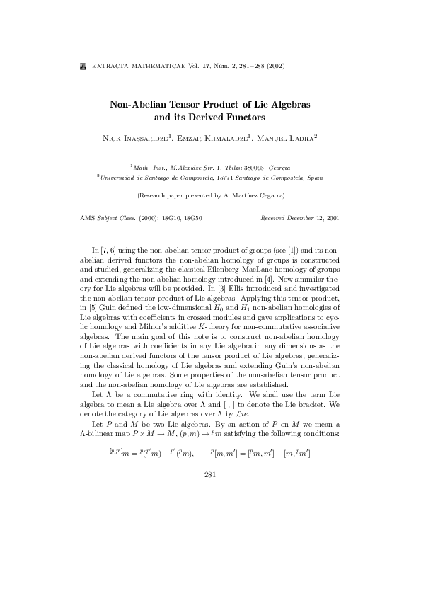 (PDF) Non-Abelian Tensor Product of Lie Algebras and its Derived Functors | Emzar Khmaladze ...