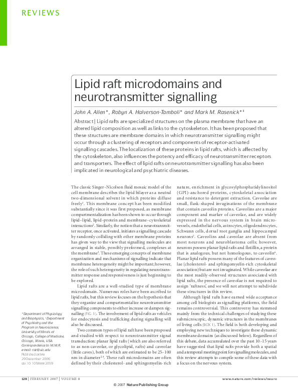 (PDF) Lipid raft microdomains and neurotransmitter signalling