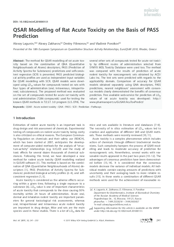 Pdf Qsar Modelling Of Rat Acute Toxicity On The Basis Of Pass Prediction