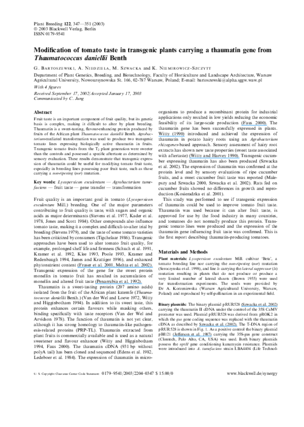 (PDF) Modification of tomato taste in transgenic plants carrying a ...