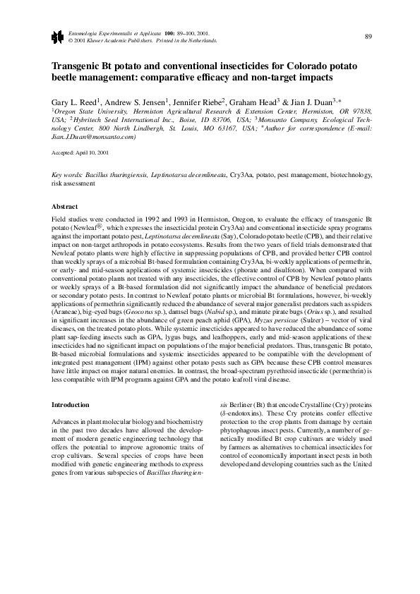 (PDF) Transgenic Bt potato and conventional insecticides for Colorado ...