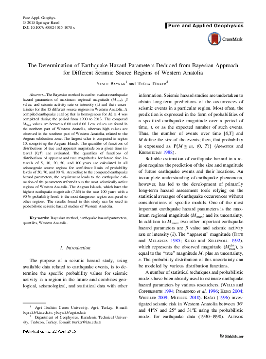 (PDF) The Determination of Earthquake Hazard Parameters Deduced from ...