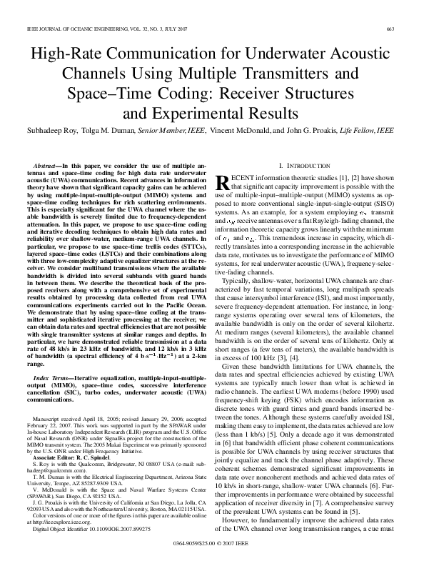 (PDF) High-Rate Communication for Underwater Acoustic Channels Using Multiple Transmitters and ...