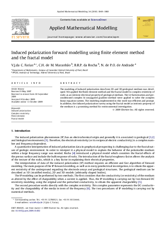 Pdf Induced Polarization Forward Modelling Using Finite Element Method And The Fractal Model
