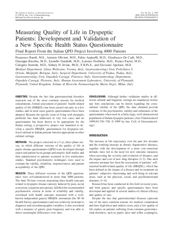 (PDF) Measuring quality of life in dyspeptic patients: development and ...