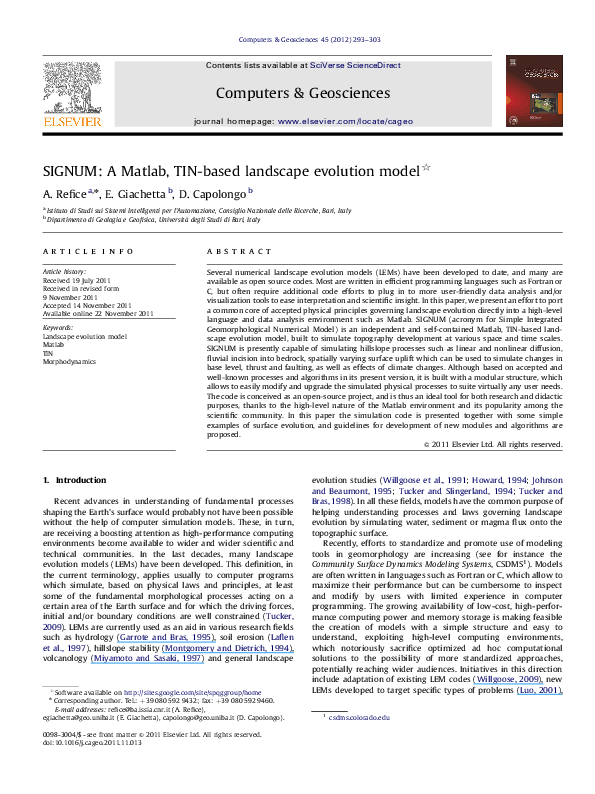 (PDF) SIGNUM: A Matlab, TIN-based landscape evolution model