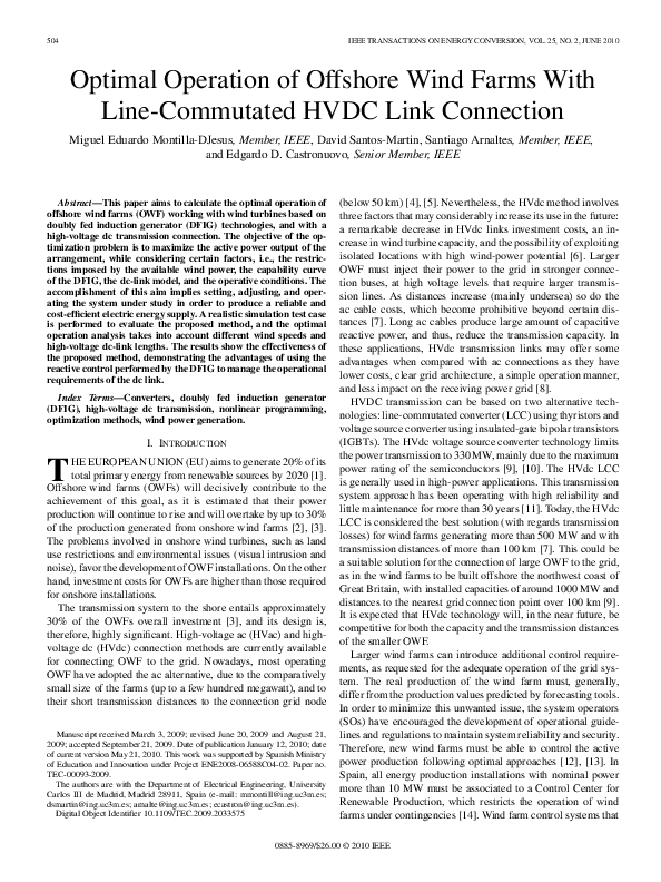 Pdf Optimal Operation Of Offshore Wind Farms With Line Commutated Hvdc Link Connection