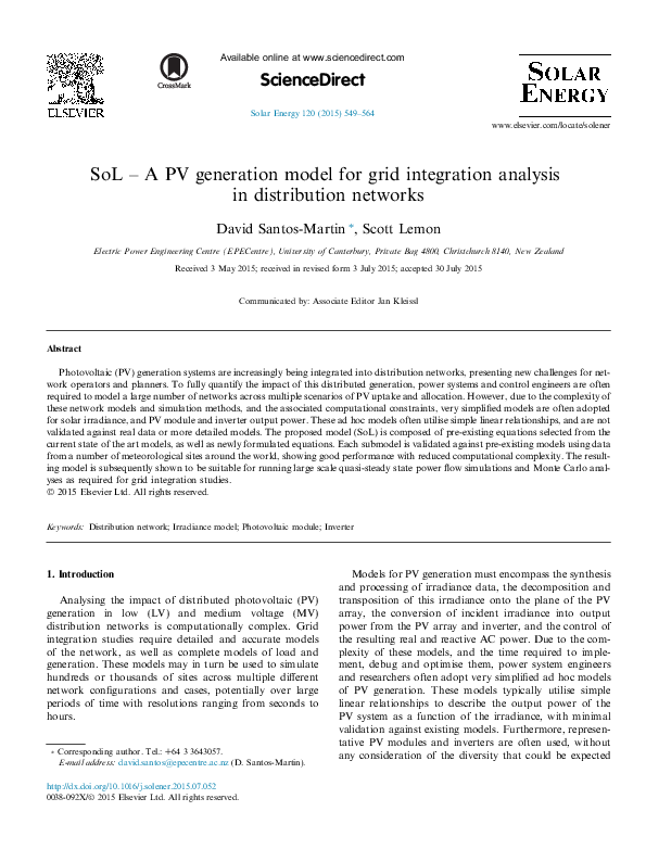 Pdf Sol A Pv Generation Model For Grid Integration Analysis In Distribution Networks
