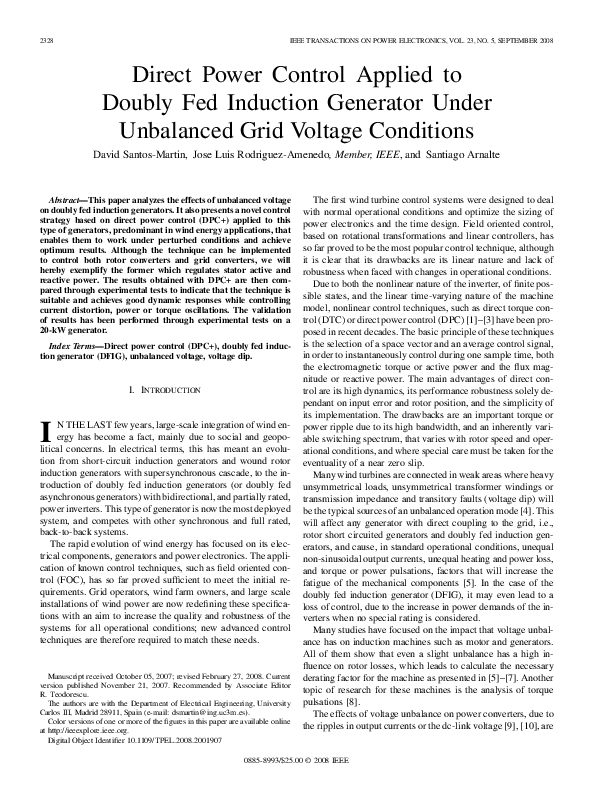 (PDF) Direct Power Control Applied to Doubly Fed Induction Generator Under Unbalanced Grid ...