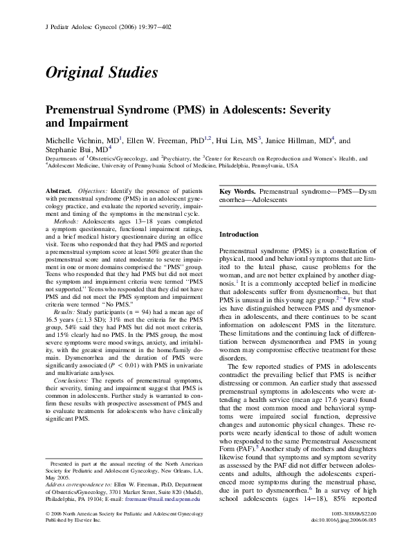 (PDF) Premenstrual Syndrome (PMS) in Adolescents: Severity and Impairment