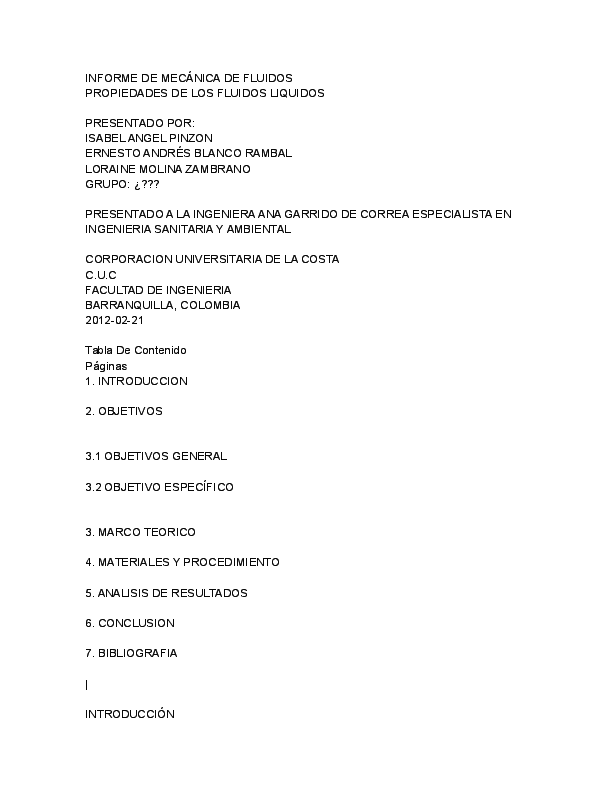 (DOC) INFORME DE MECÁNICA DE FLUIDOS PROPIEDADES DE LOS FLUIDOS LIQUIDOS