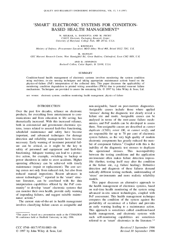 (PDF) ‘SMART’ ELECTRONIC SYSTEMS FOR CONDITION‐BASED HEALTH MANAGEMENT