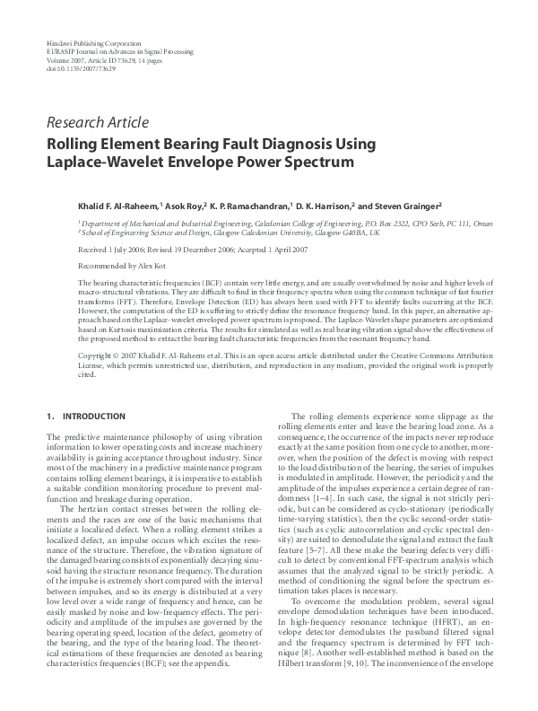 (PDF) Rolling Element Bearing Fault Diagnosis Using Laplace-Wavelet Envelope Power Spectrum