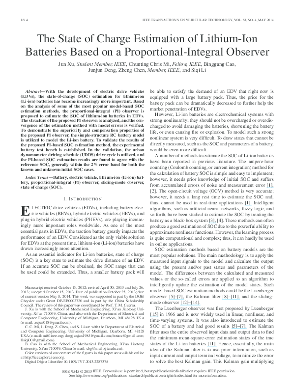 Pdf State Of Charge Estimation Of Lithium Ion Batteries Using The Open Circuit Voltage At