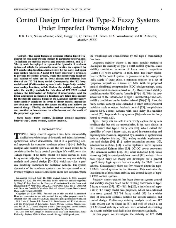 Pdf Control Design For Interval Type 2 Fuzzy Systems Under Imperfect
