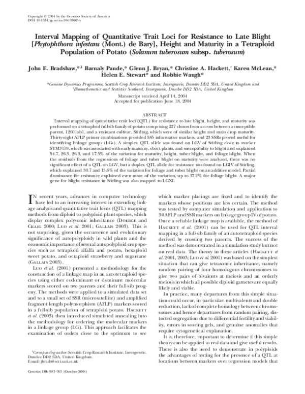 (PDF) Interval Mapping of Quantitative Trait Loci for Resistance to Late Blight [Phytophthora ...