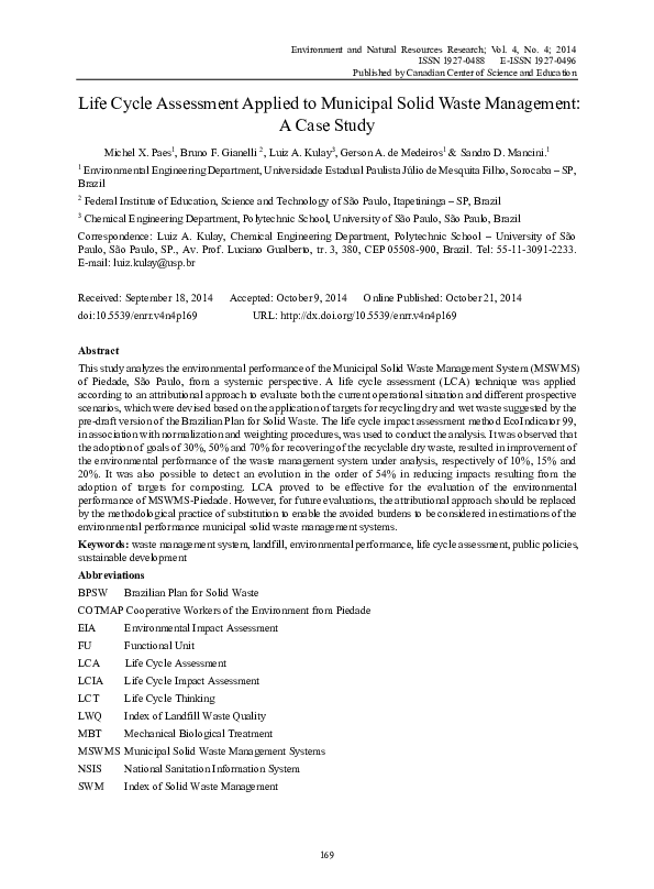 (PDF) Life Cycle Assessment Applied to Municipal Solid Waste Management: A Case Study
