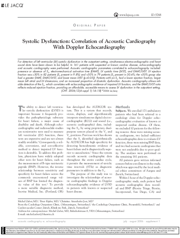 (PDF) Systolic Dysfunction: Correlation of Acoustic Cardiography With ...