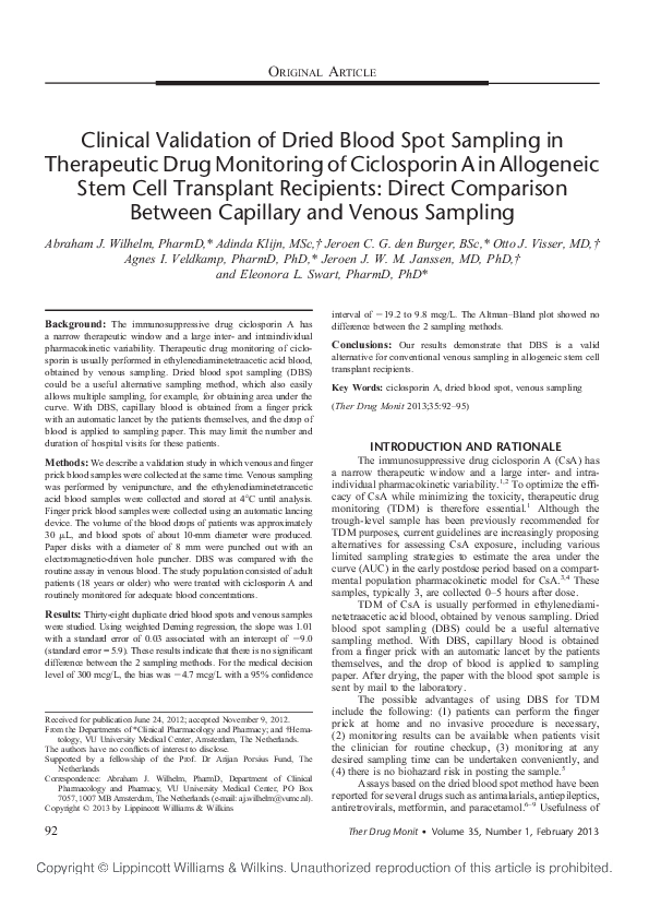 (PDF) Clinical Validation of Dried Blood Spot Sampling in Therapeutic ...
