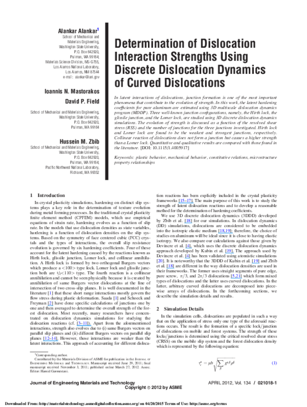 (PDF) Determination of Dislocation Interaction Strengths Using Discrete Dislocation Dynamics of ...