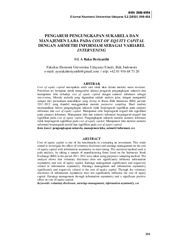 (PDF) PENGARUH PENGUNGKAPAN SUKARELA DAN MANAJEMEN LABA PADA COST OF EQUITY CAPITAL DENGAN ...