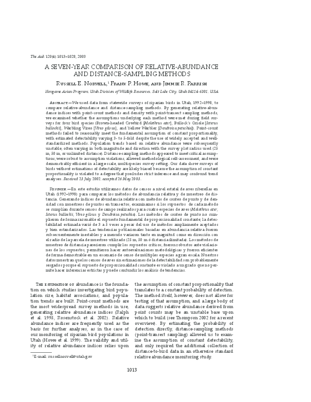 Pdf A Seven Year Comparison Of Relative Abundance And Distance Sampling Methods