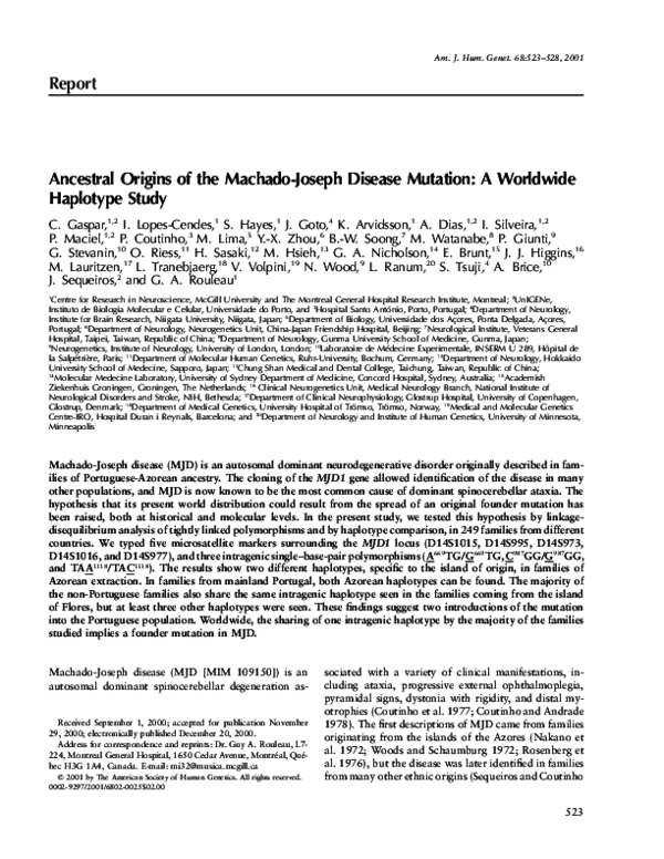 Pdf Ancestral Origins Of The Machado Joseph Disease Mutation A