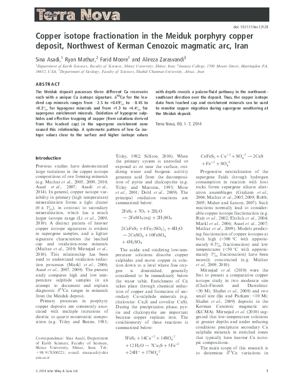 (PDF) Copper isotope fractionation in the Meiduk porphyry copper deposit, Northwest of Kerman ...