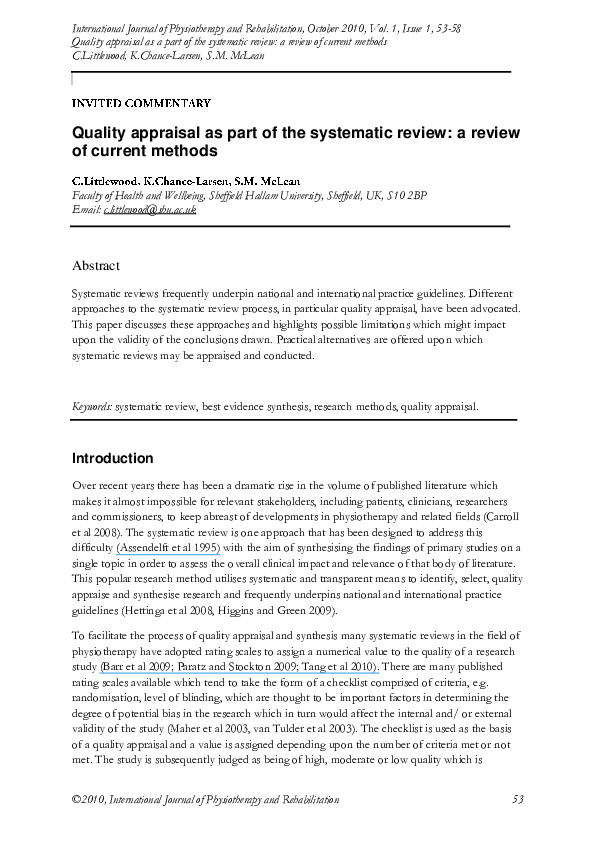 (PDF) Quality Appraisal as a part of the systematic review