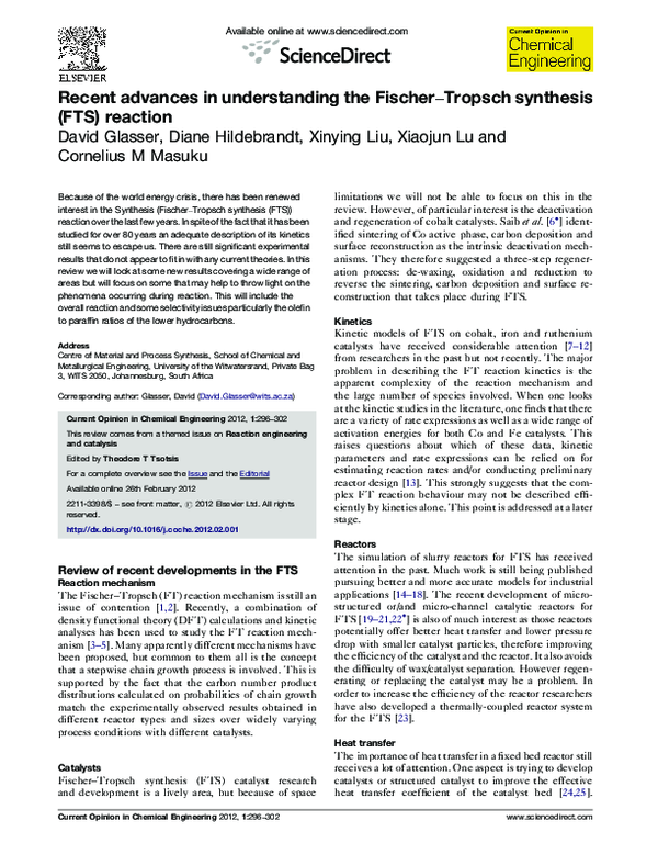 (PDF) Recent advances in understanding the Fischer–Tropsch synthesis (FTS) reaction