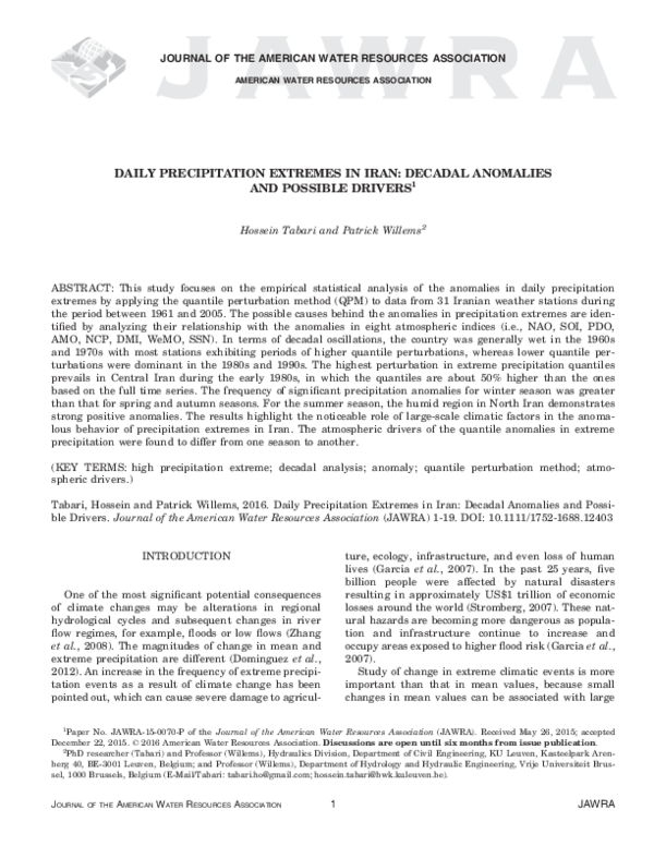 (PDF) Daily precipitation extremes in Iran: decadal anomalies and ...