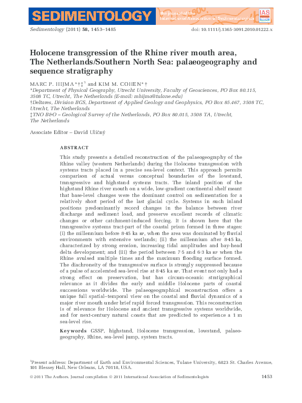 Holocene transgression of the Rhine river mouth area, The Netherlands ...