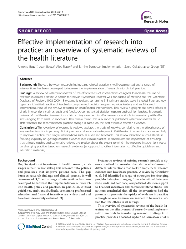 (PDF) Effective implementation of research into practice: an overview ...