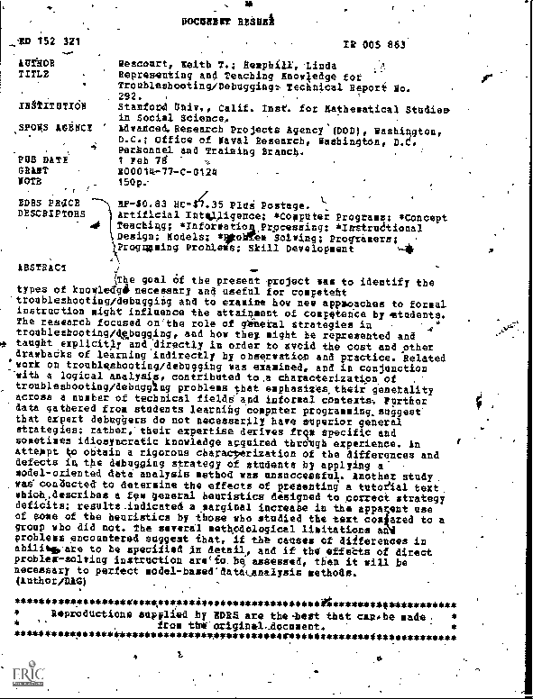 (PDF) Representing and Teaching Knowledge for Troubleshooting/Debugging. Technical Report No. 292