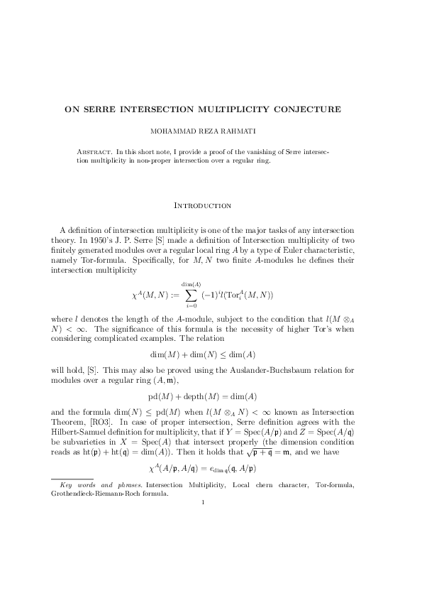 (PDF) On Serre Intersection Multiplicity Conjecture