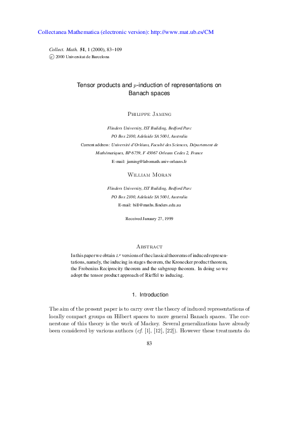 Pdf Tensor Products And P Induction Of Representations On Banach Spaces