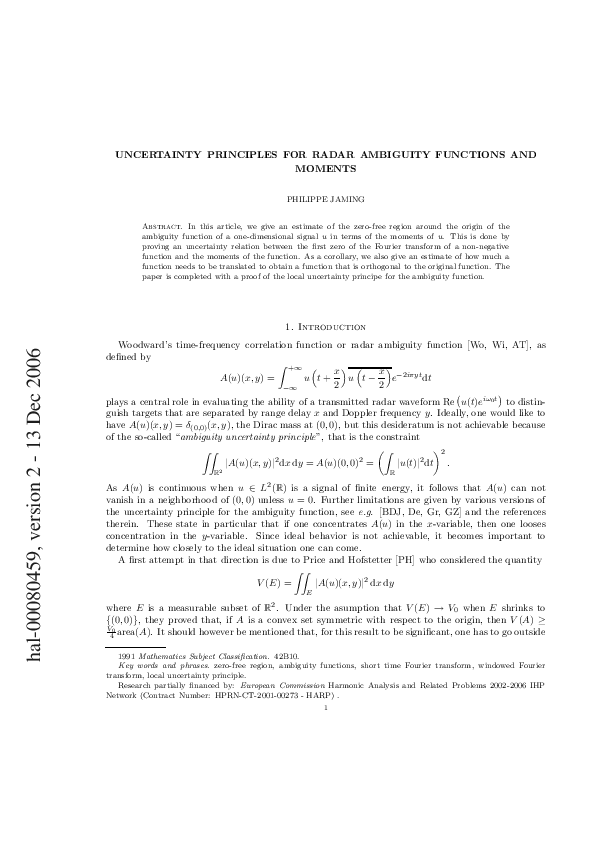 (PDF) Uncertainty Principles for Radar Ambiguity Functions and Moments