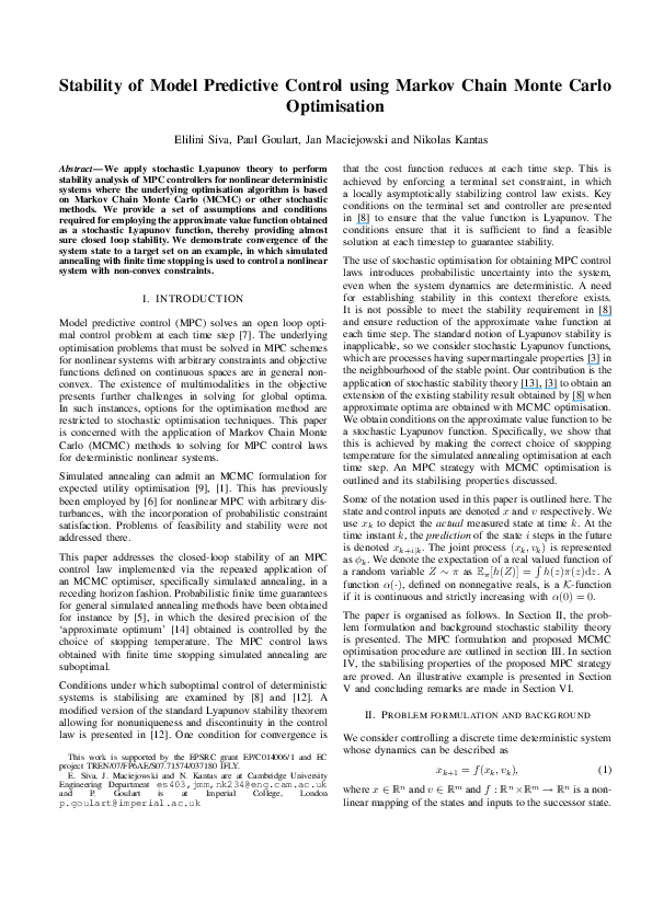(PDF) Stability of Model Predictive Control using Markov Chain Monte Carlo Optimisation