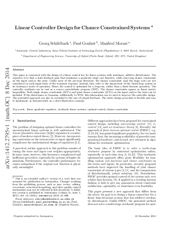(PDF) Linear controller design for chance constrained systems
