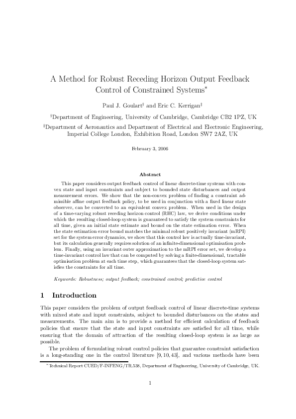 Pdf A Method For Robust Receding Horizon Output Feedback Control Of