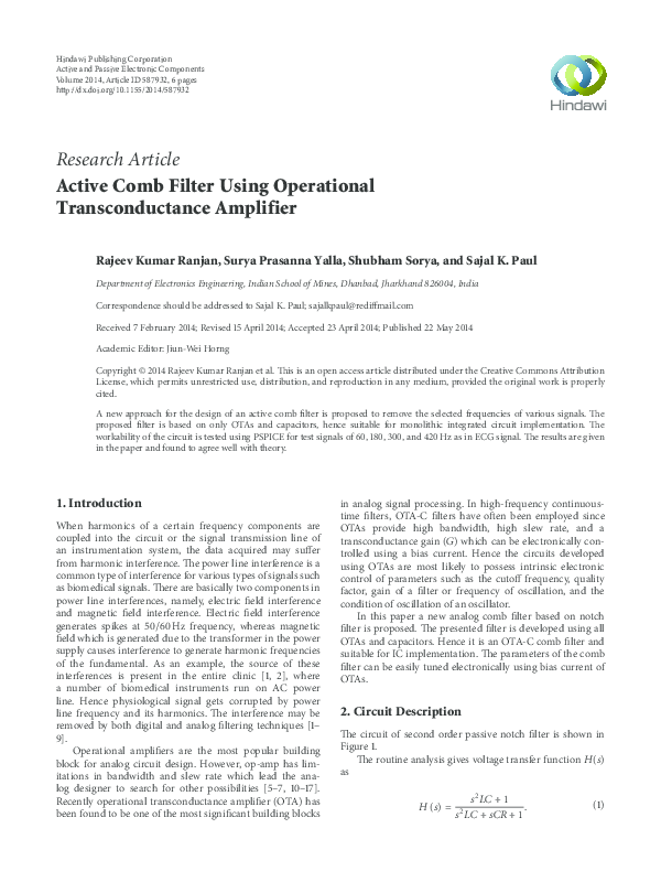 (PDF) Active Comb Filter Using Operational Transconductance Amplifier