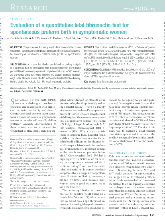 (PDF) Fetal fibronectin testing for prevention of preterm birth in ...