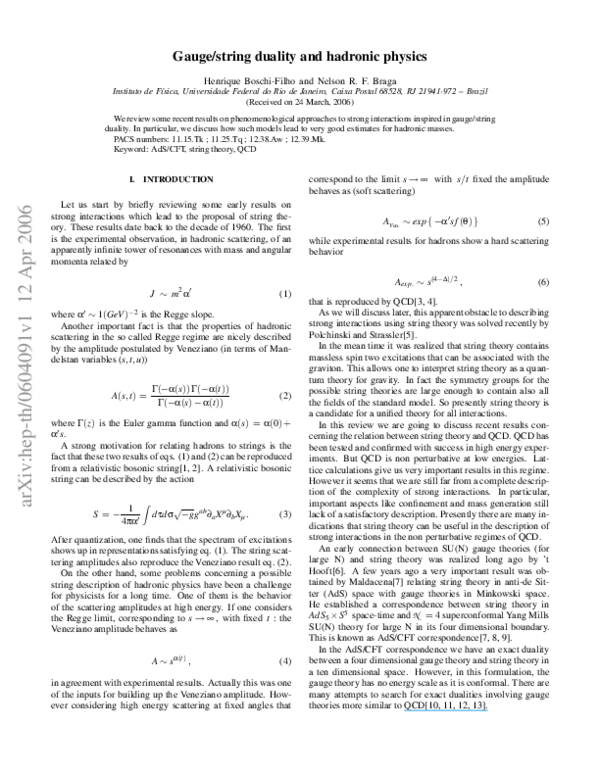 (PDF) Gauge/string duality and hadronic physics